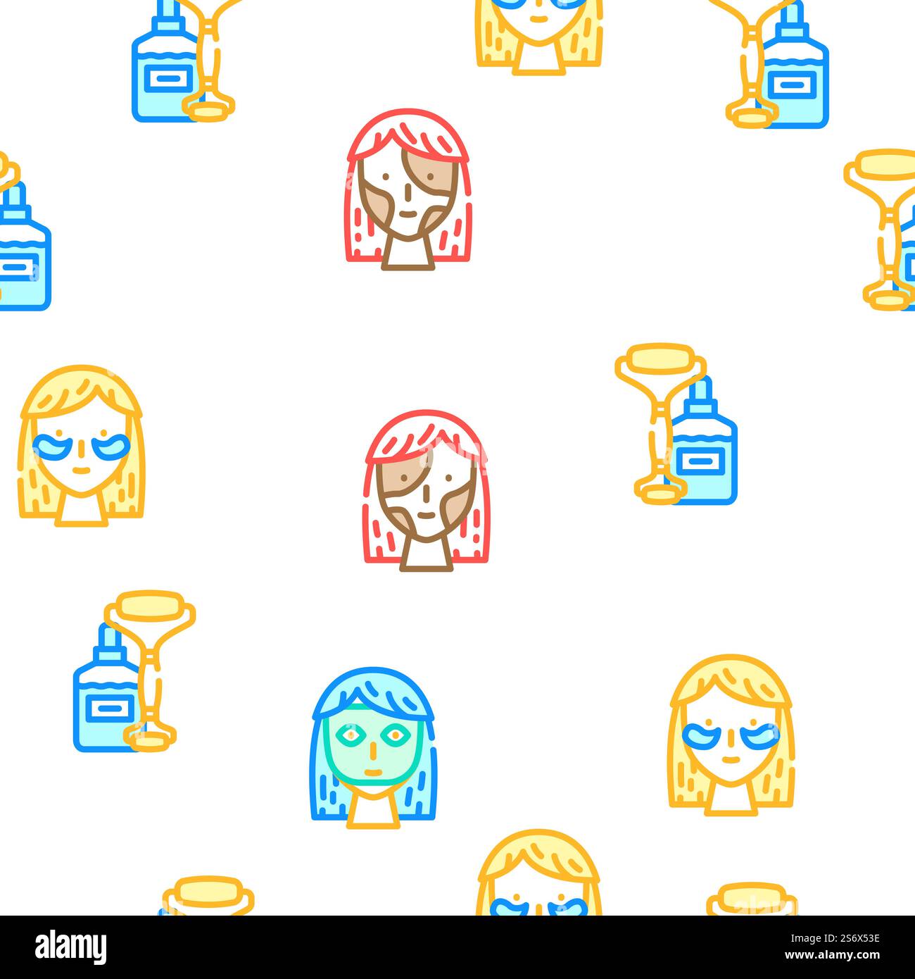 Facial Skin Care And Treatment Vector Seamless Pattern Color Line ...