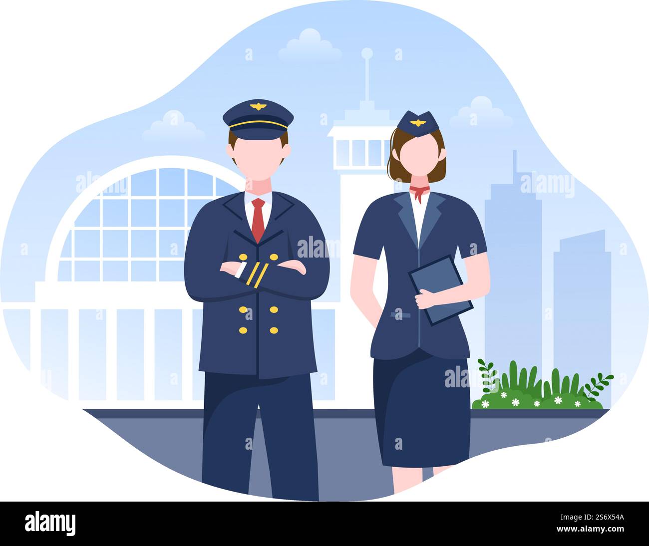 Pilot Cartoon Vector Illustration with Airplane, Air Hostess, City or ...