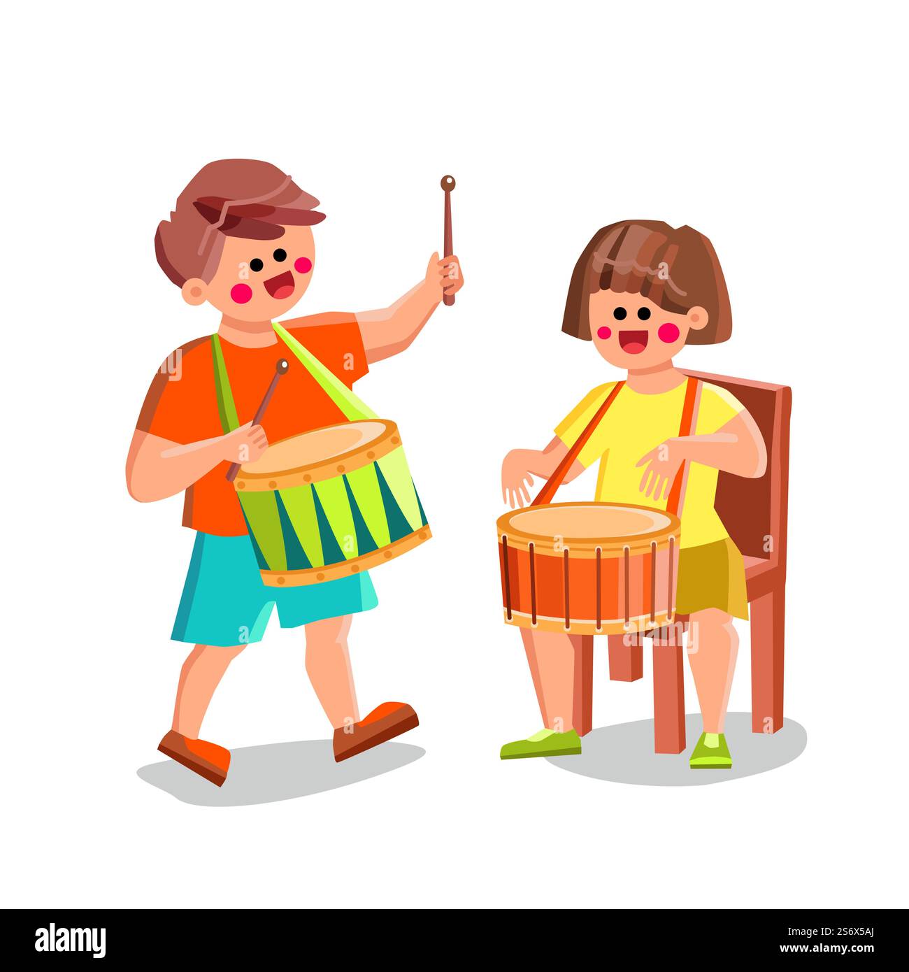 Drum Class Studying Children Music Rhythm Vector. Happy Schoolboy And ...
