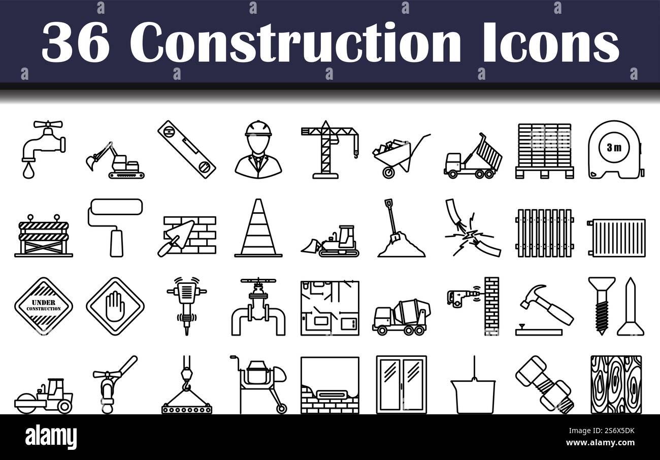 Construction Icon Set. Bold outline design with editable stroke width ...