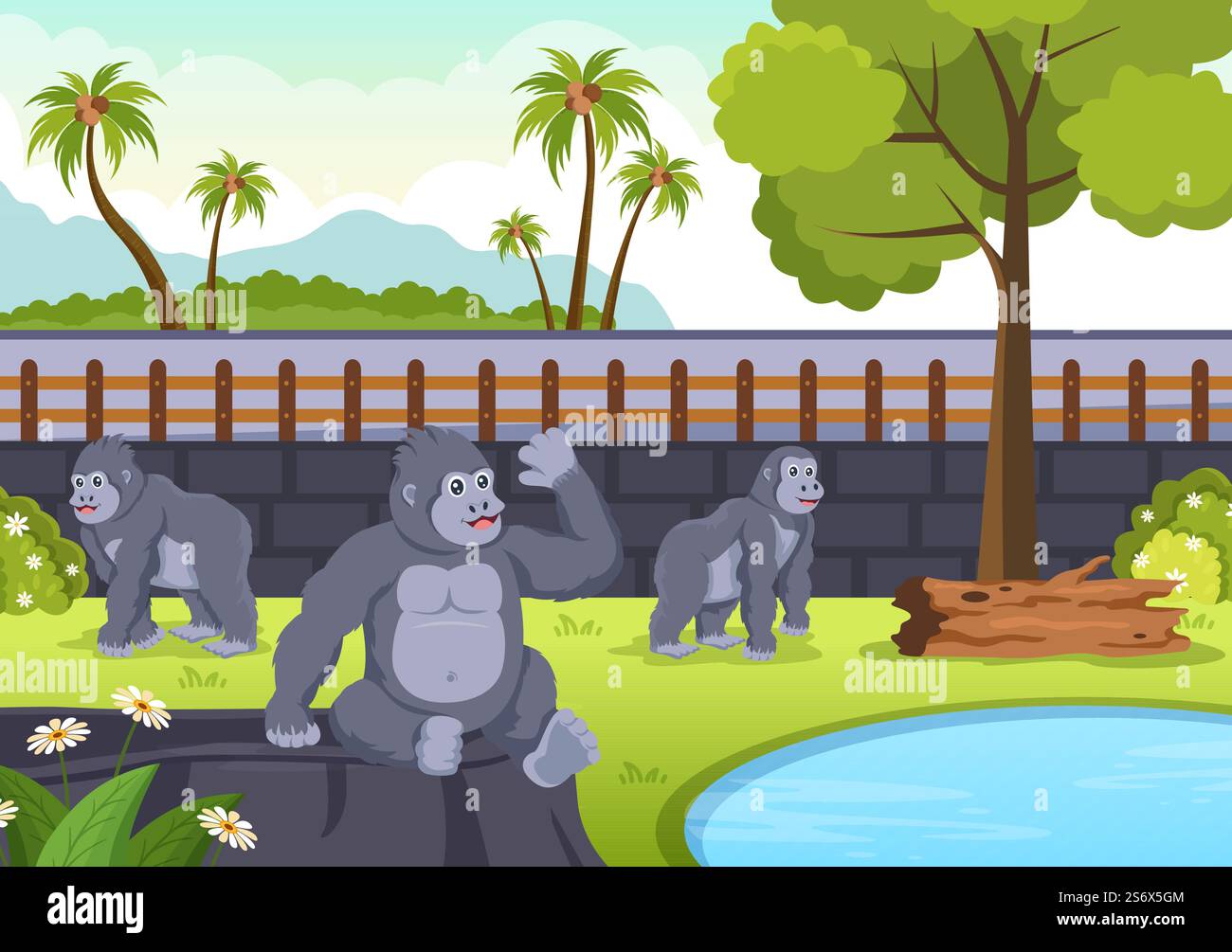 Zoo Cartoon Illustration with Safari Animals Gorilla, Cage and Visitors ...