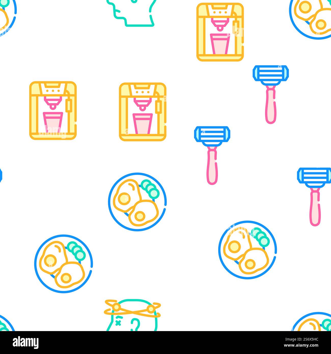 Morning Routine Daily Vector Seamless Pattern Color Line Illustration ...