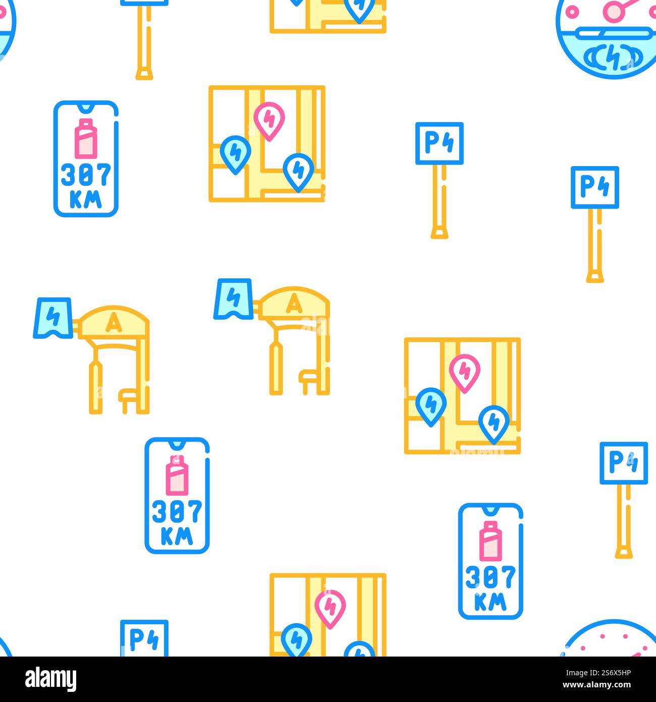 Electric Car Vehicle Vector Seamless Pattern Color Line Illustration ...