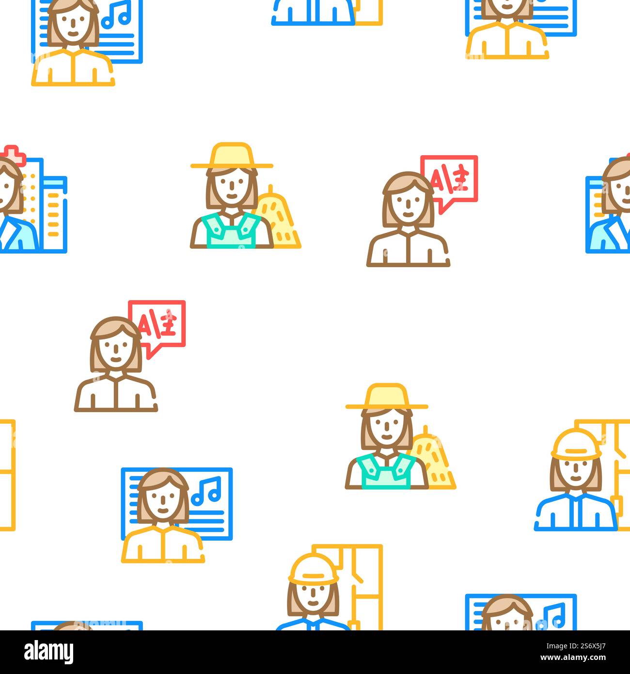 Female Occupation Vector Seamless Pattern Color Line Illustration. Female Occupation Vector ...