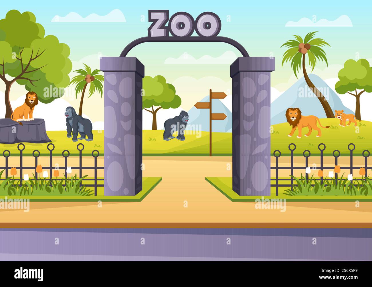 Zoo Cartoon Illustration with Safari Animals Elephant, Giraffe, Lion ...