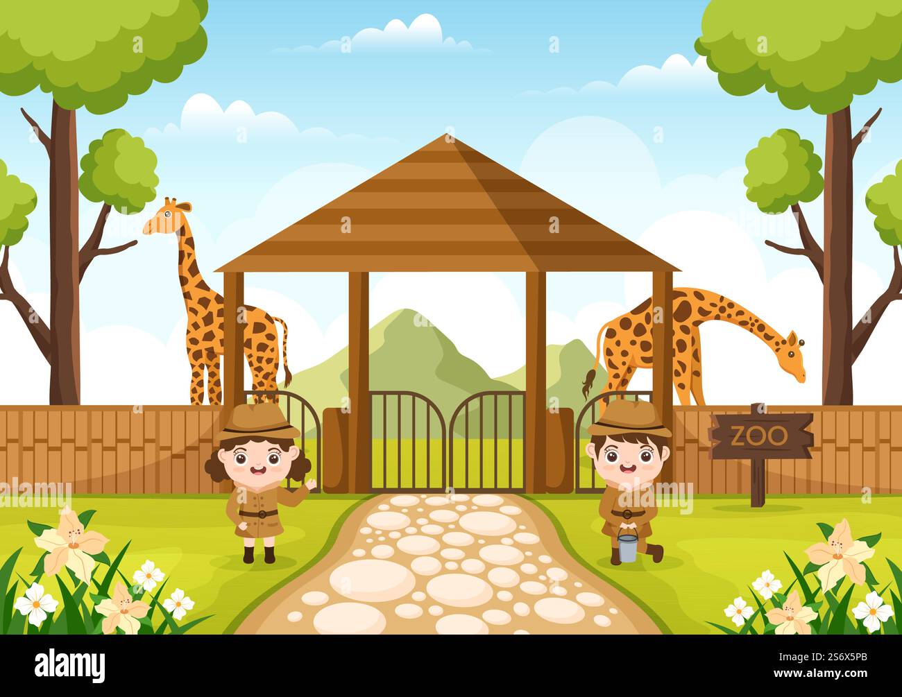 Zoo Cartoon Illustration with Safari Animals Giraffe, Cage and Visitors ...
