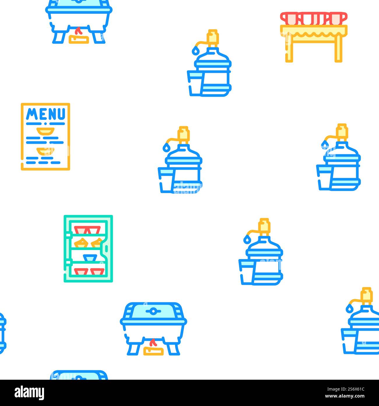 Buffet Food And Drinks Vector Seamless Pattern Color Line Illustration ...