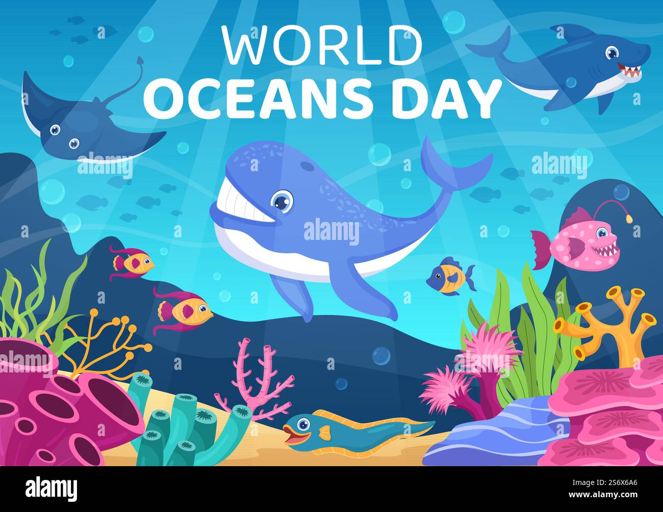 World Ocean Day Cartoon Illustration with Underwater Scenery, Various ...