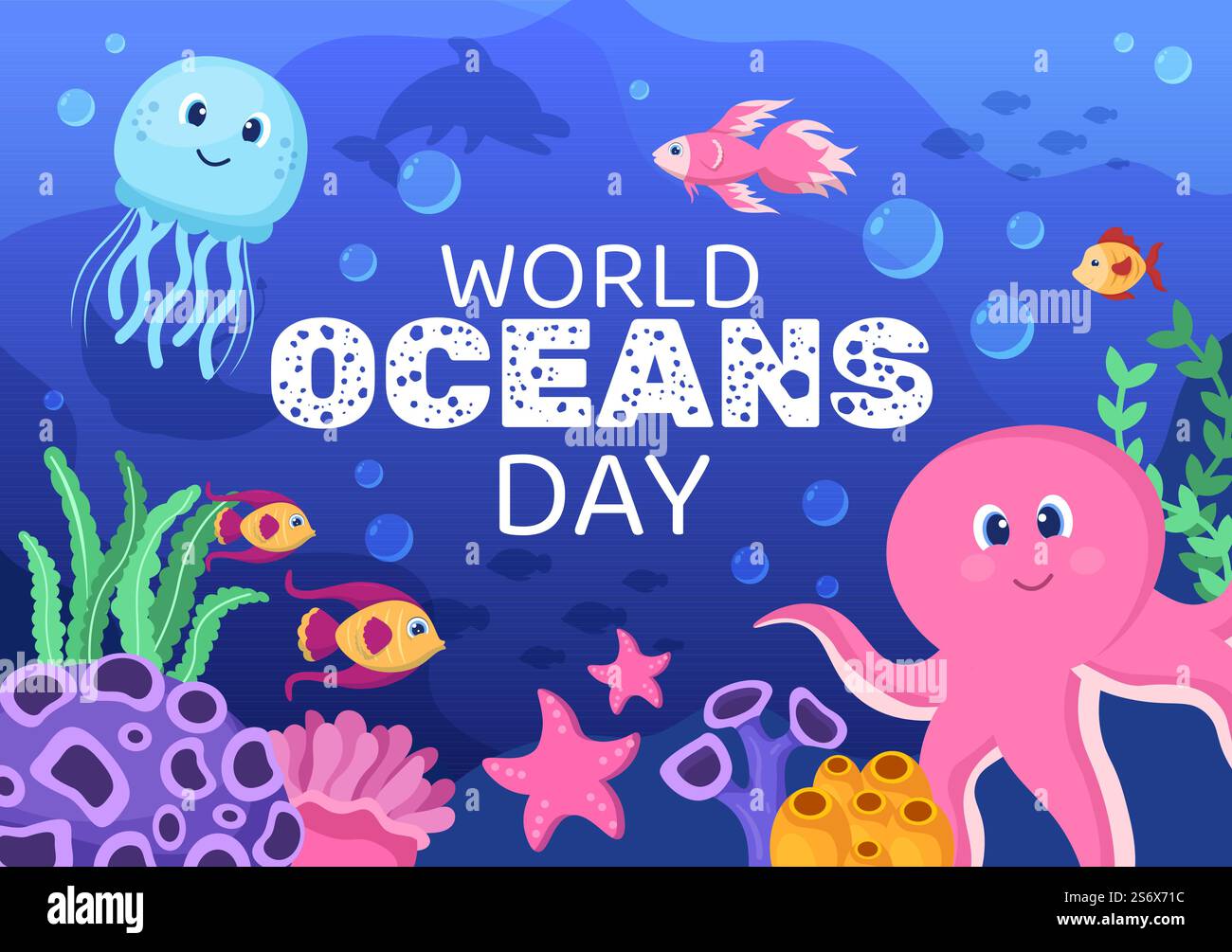 World Ocean Day Cartoon Illustration with Underwater Scenery, Various ...