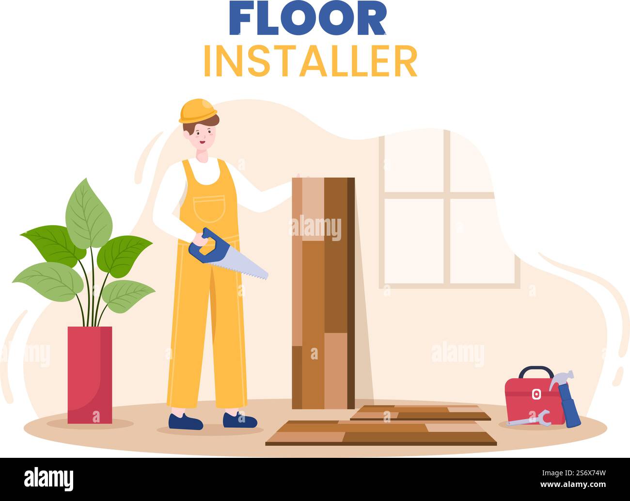 Floor Installation Cartoon Illustration with Repairman, Laying ...