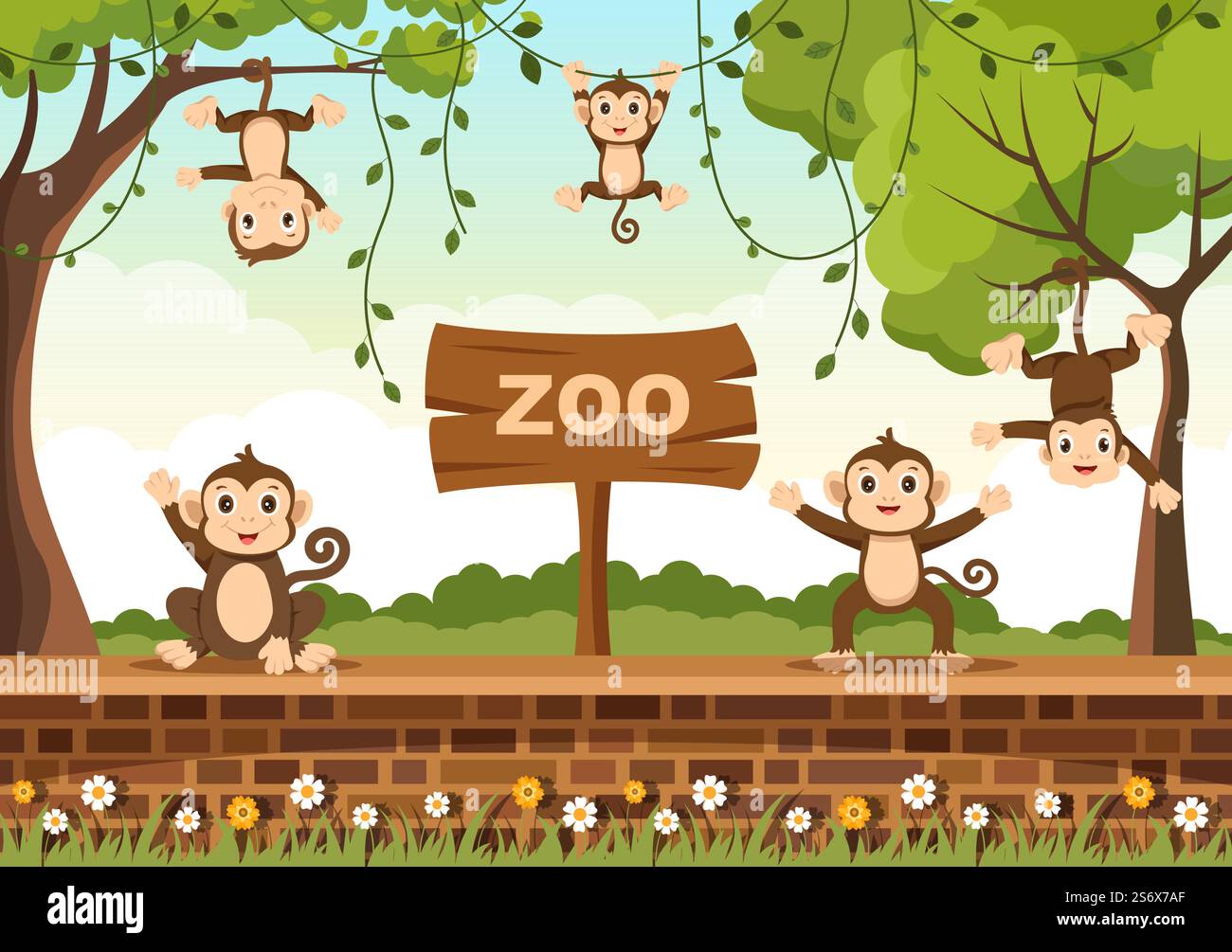 Zoo Cartoon Illustration with Safari Animals Monkey, Cage and Visitors ...