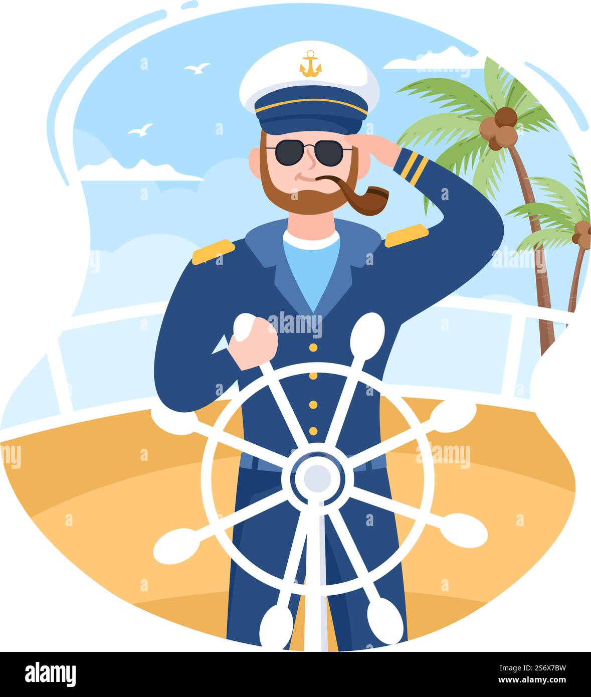 Man Cruise Ship Captain Cartoon Illustration in Sailor Uniform Riding a ...