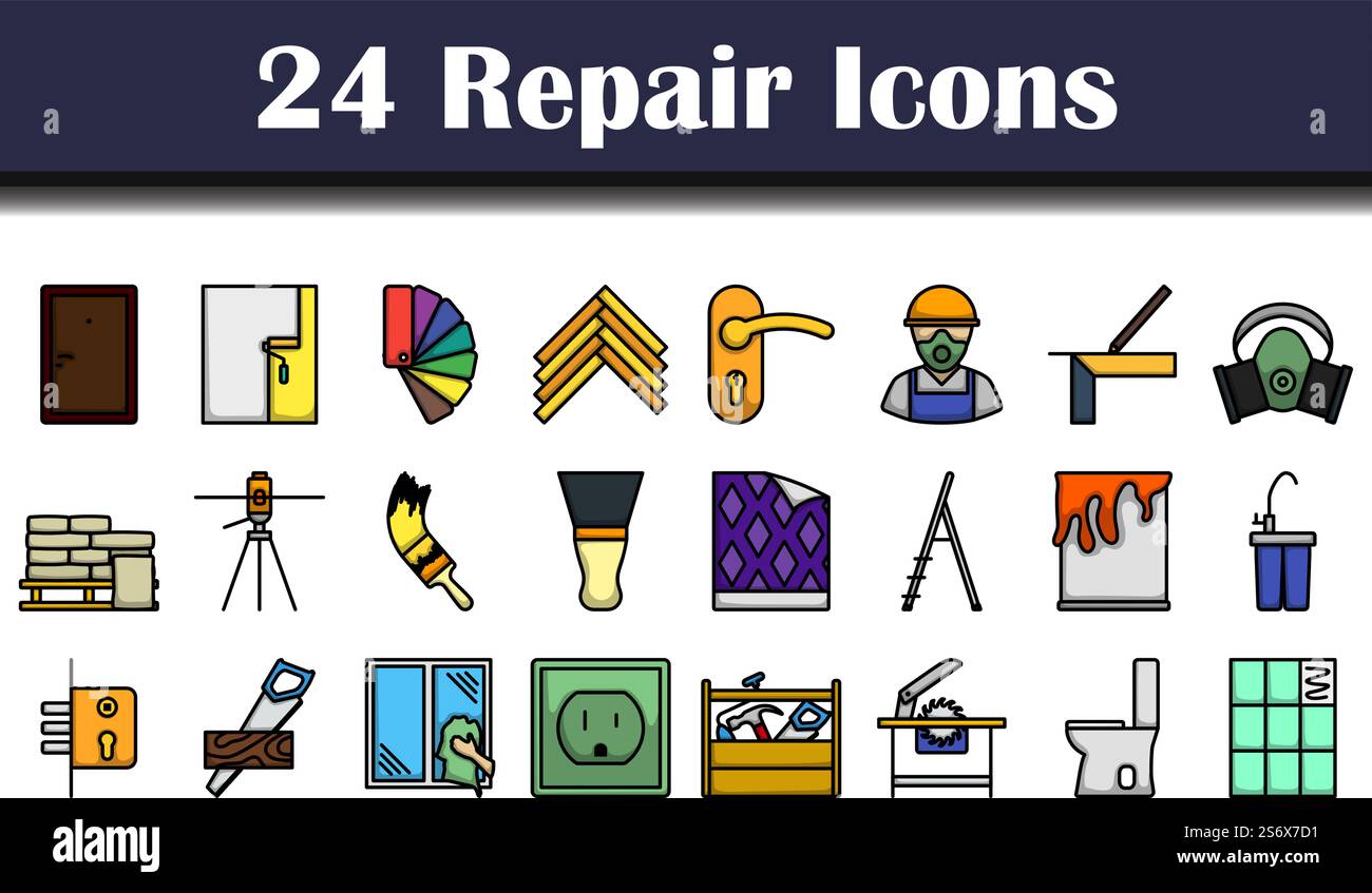 Repair Icon Set. Editable Bold Outline With Color Fill Design. Vector ...