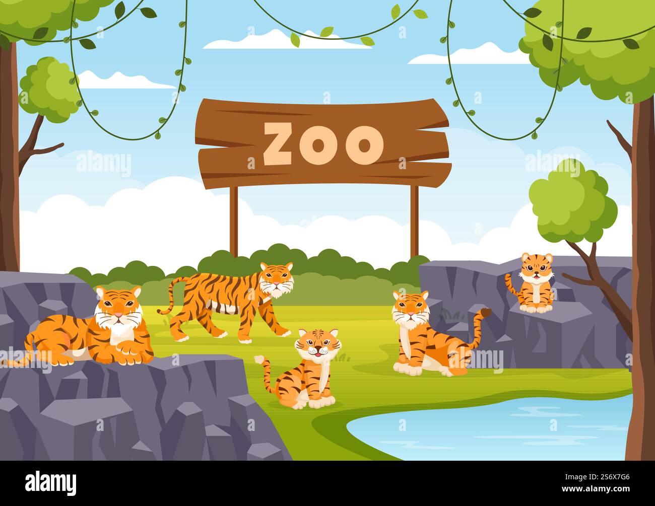 Zoo Cartoon Illustration with Safari Animals Lion, Tiger, Cage and ...