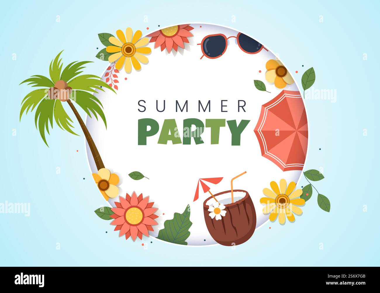 Summer Party Cartoon Background Illustration with Tropical Plants ...