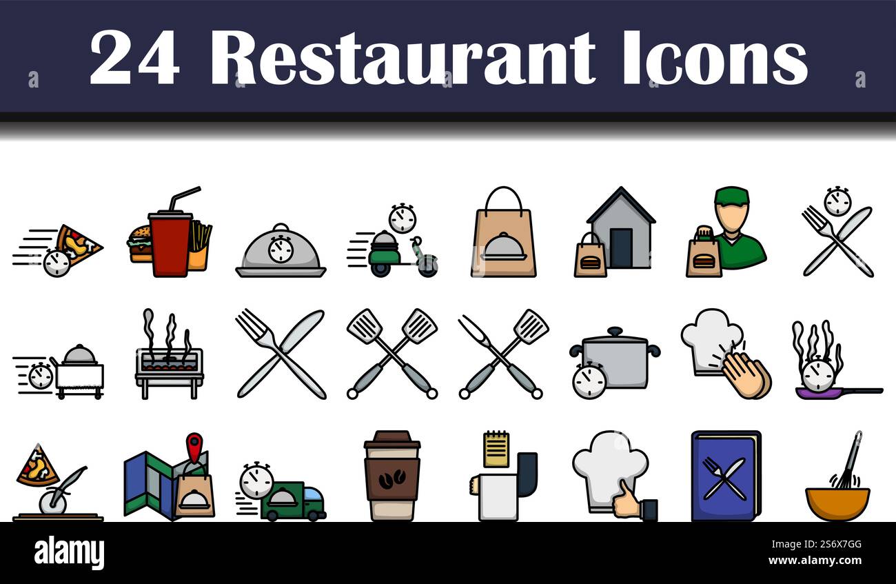 Restaurant Icon Set. Editable Bold Outline With Color Fill Design ...