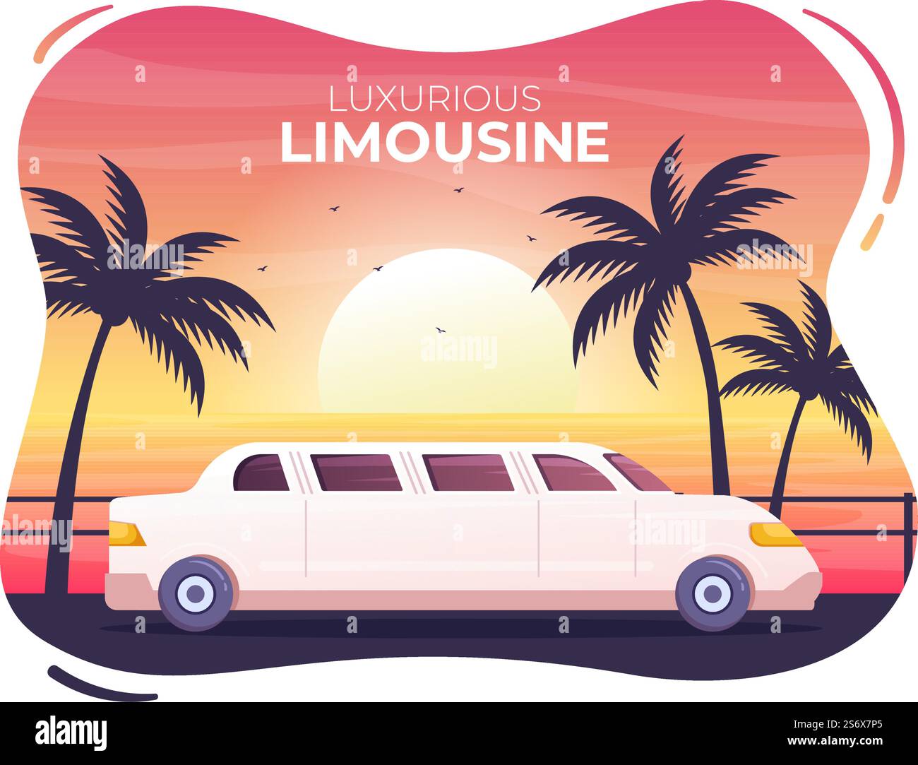 Limousine Car with Sunset or Sunrise Views on the Beach in Flat Cartoon ...