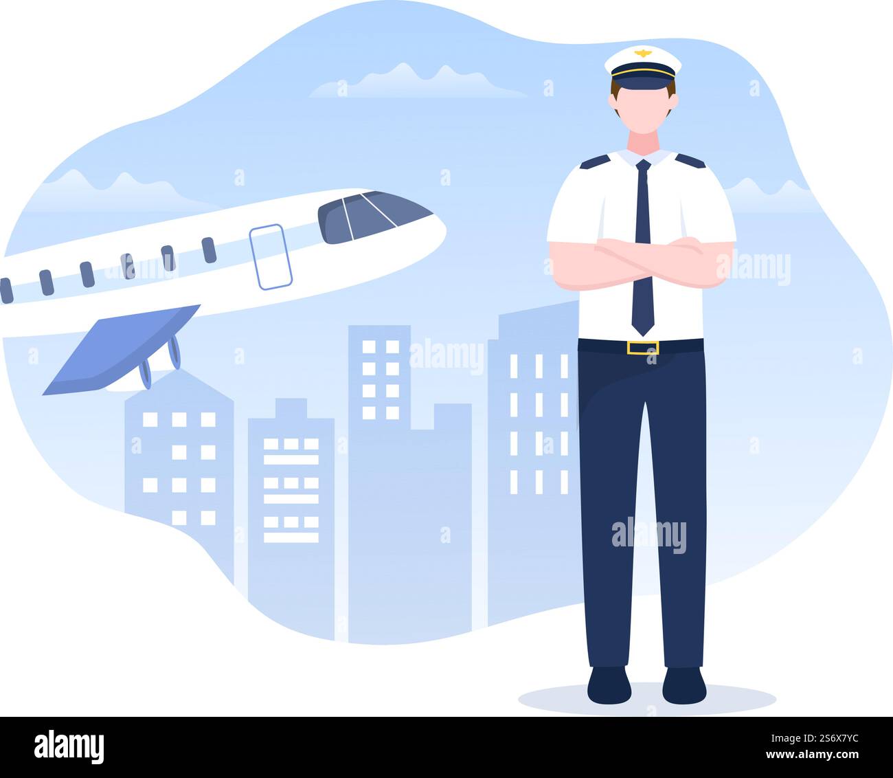 Pilot Cartoon Vector Illustration with Airplane, Air Hostess, City or ...