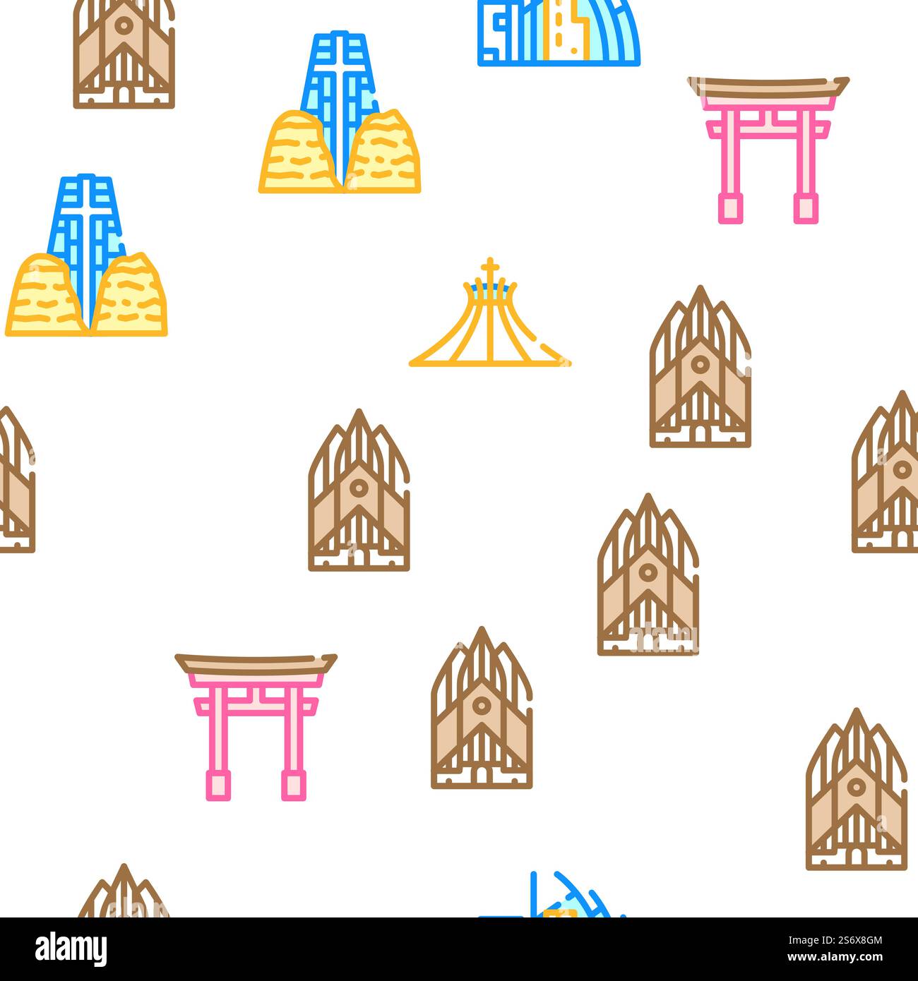 Temple Construction Vector Seamless Pattern Color Line Illustration ...