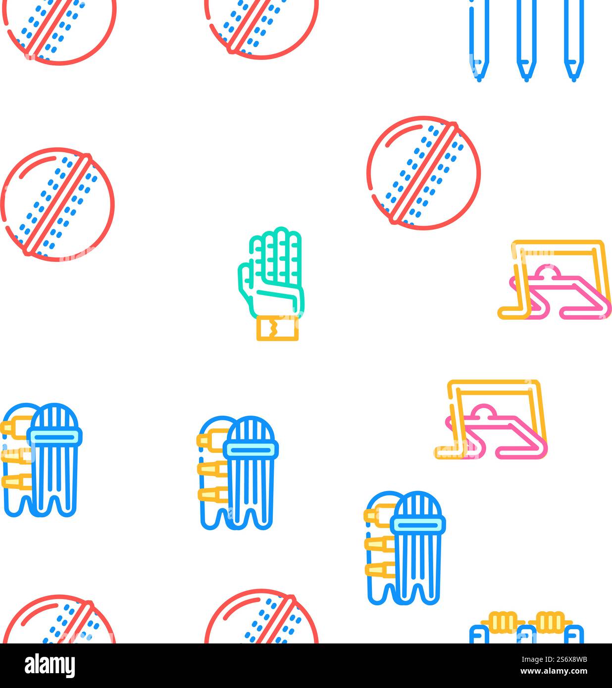Cricket Sport Game Accessory Vector Seamless Pattern Color Line ...