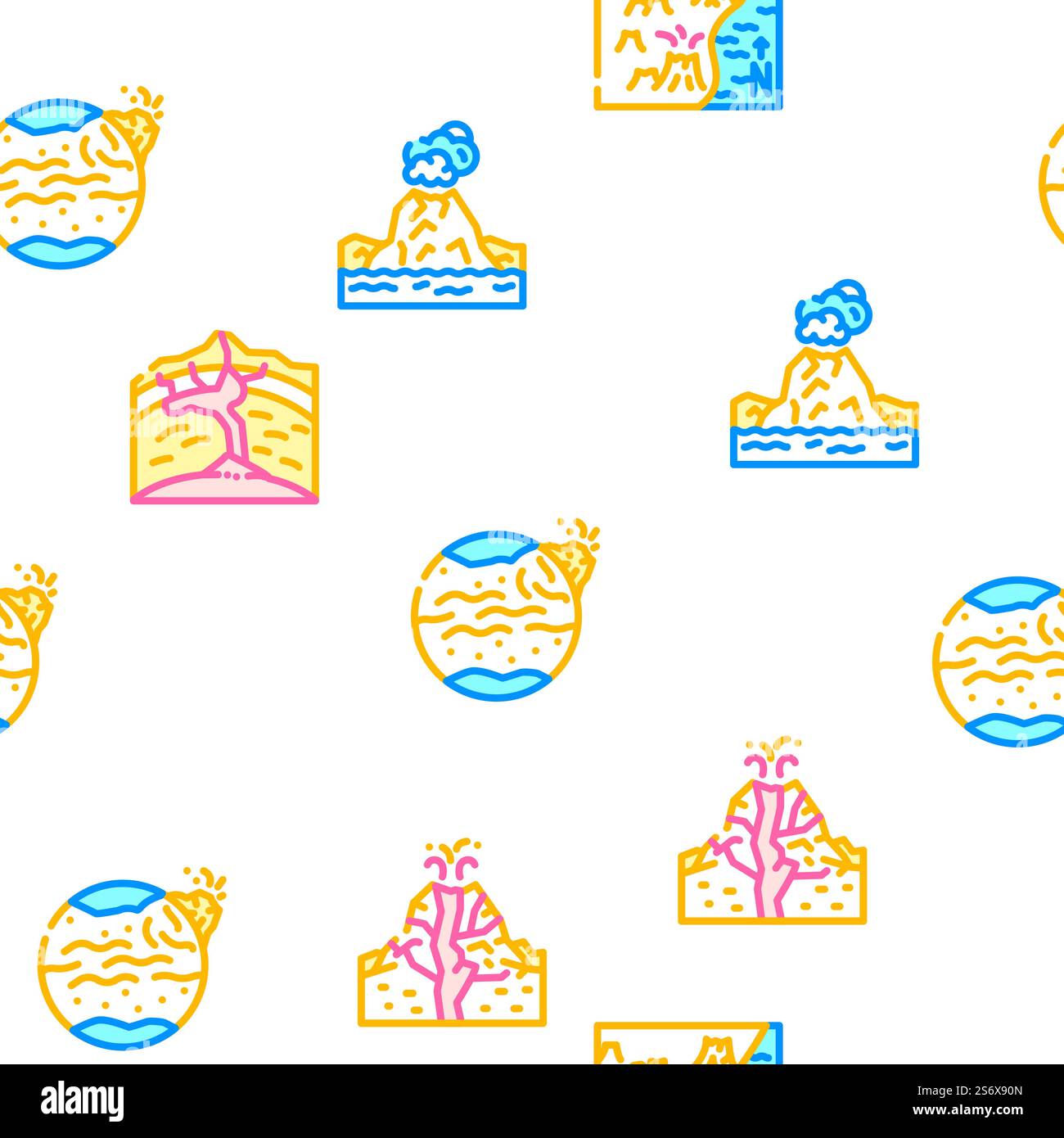 Volcano Lava Eruption Vector Seamless Pattern Color Line Illustration ...