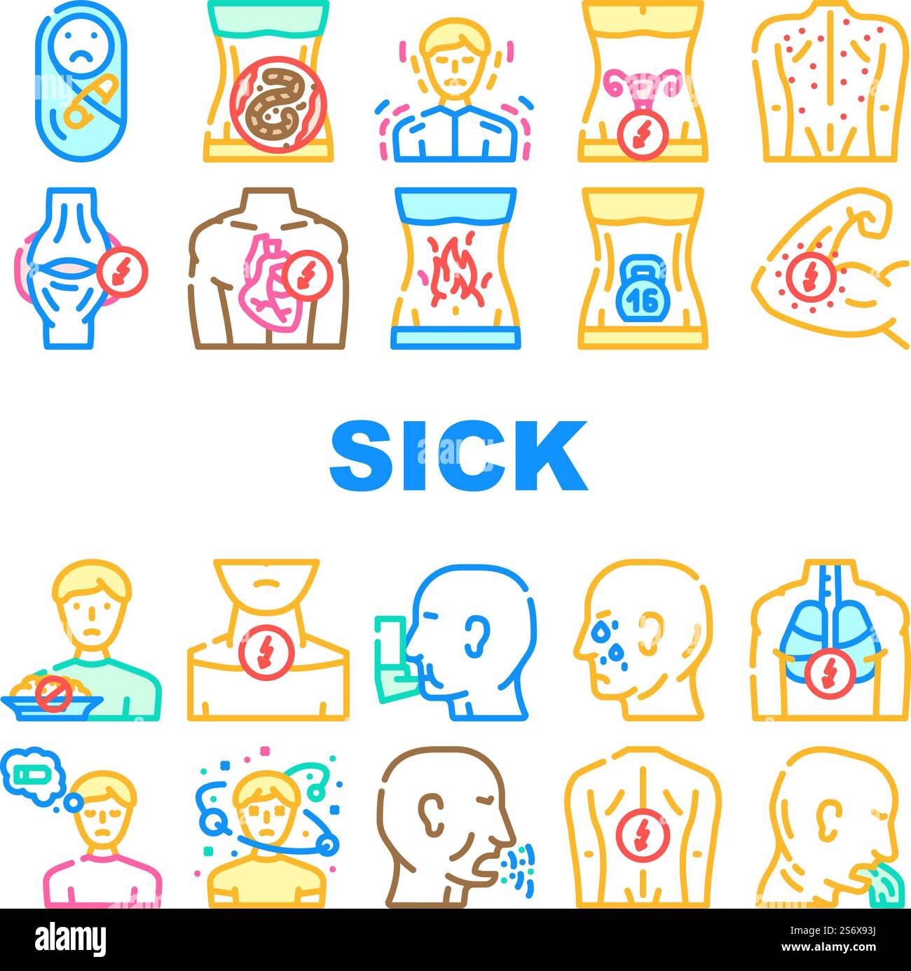 Sick Health Problem And Allergy Icons Set Vector. Children Pain And ...