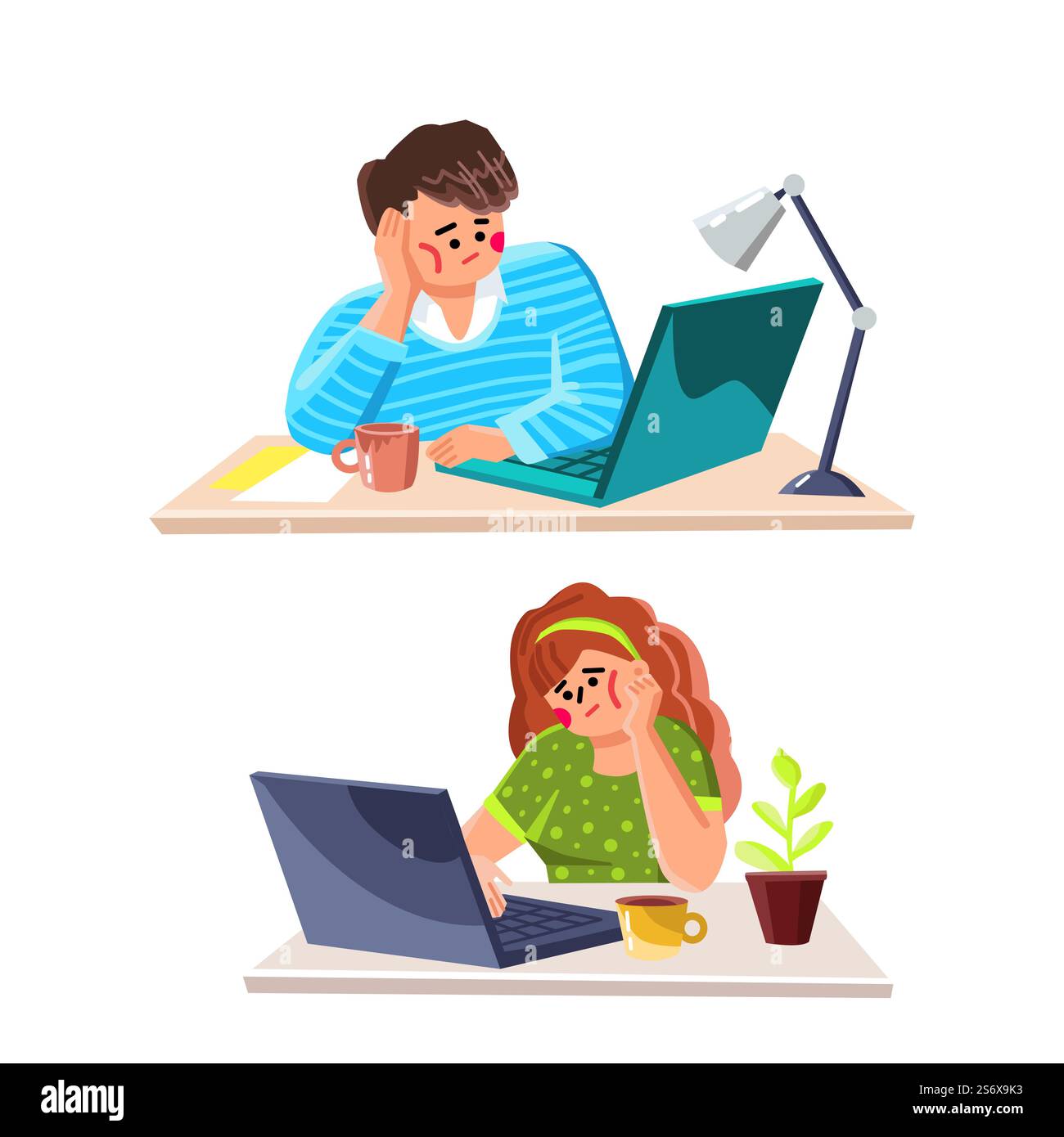 Lazy Man And Woman Working On Computer Vector. Lazy And Bored Manager ...