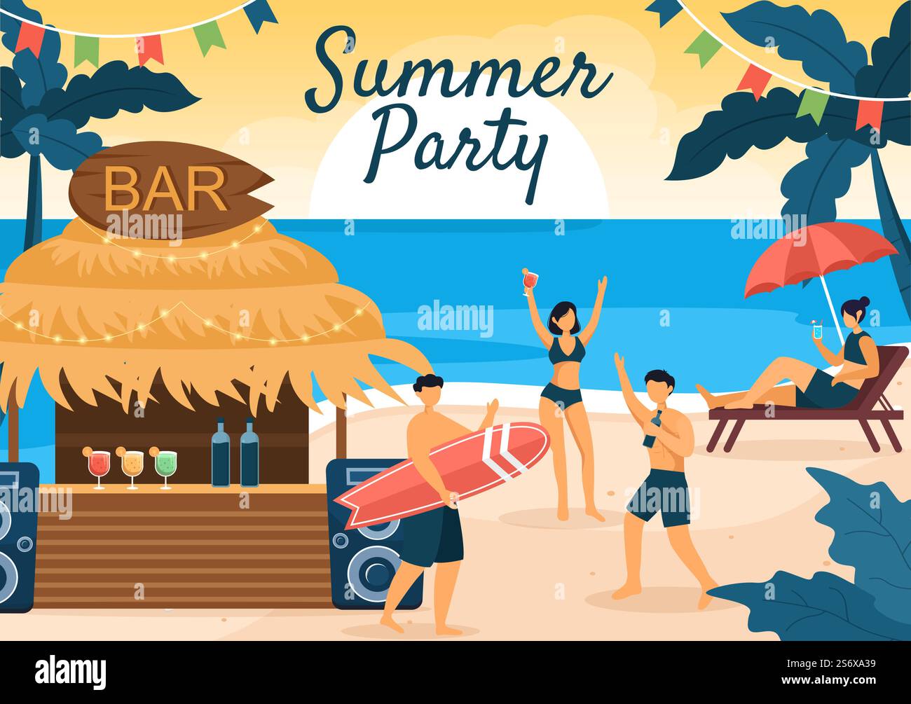 Summer Party Cartoon Background Illustration with Tropical Plants ...