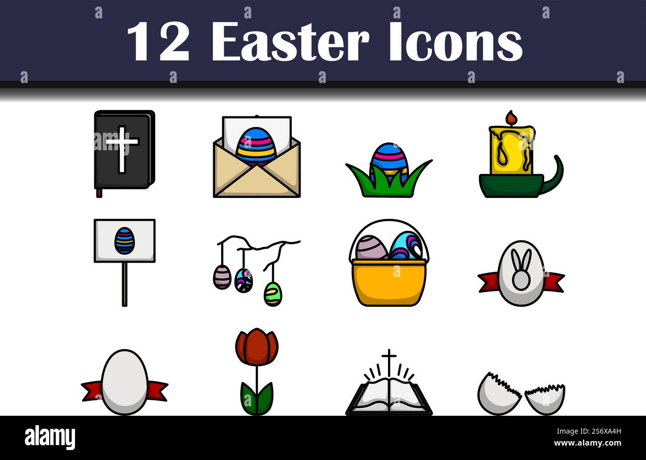 Easter Icon Set. Editable Bold Outline With Color Fill Design. Vector ...