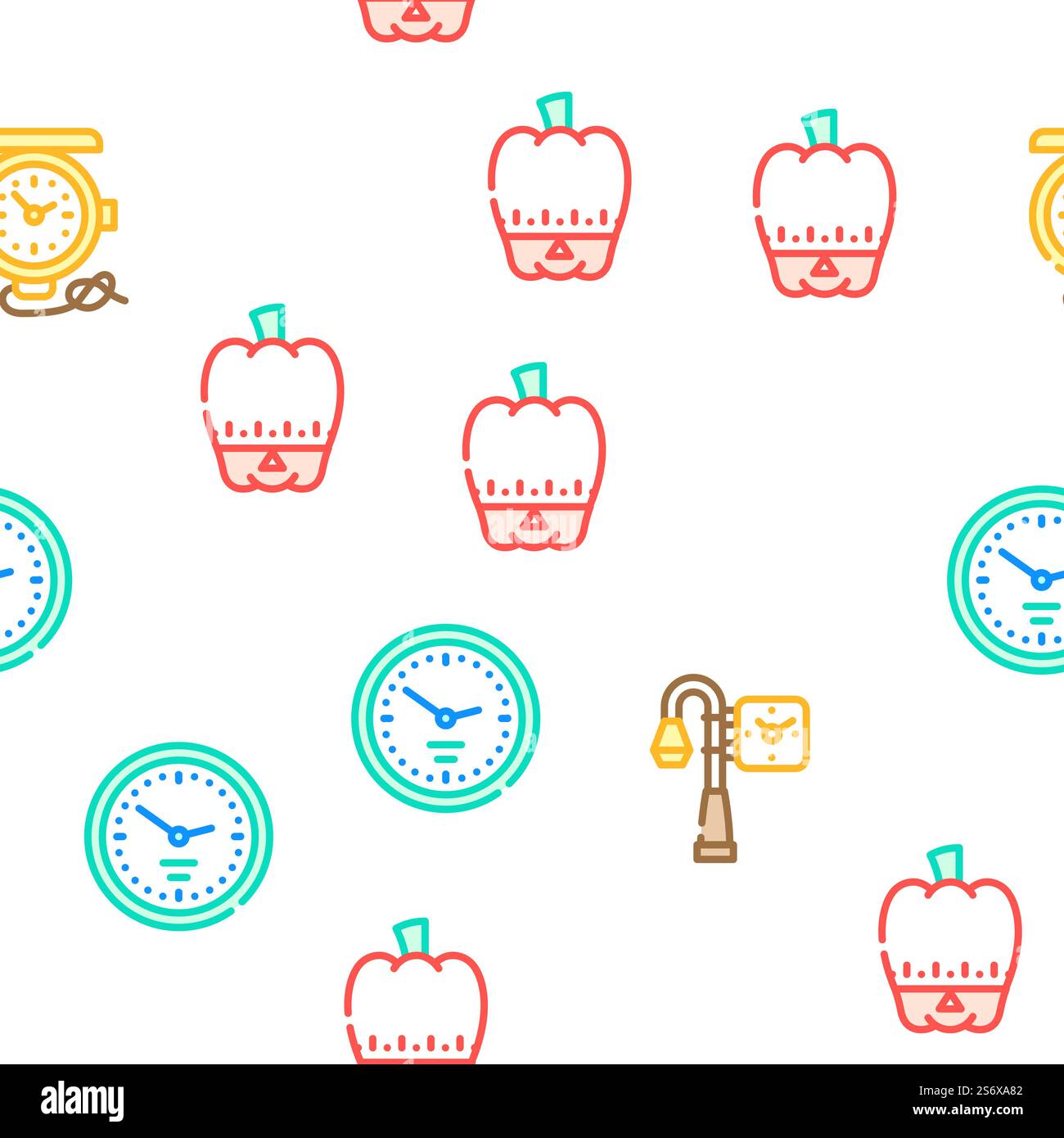 Clock And Watch Time Equipment Vector Seamless Pattern Color Line ...
