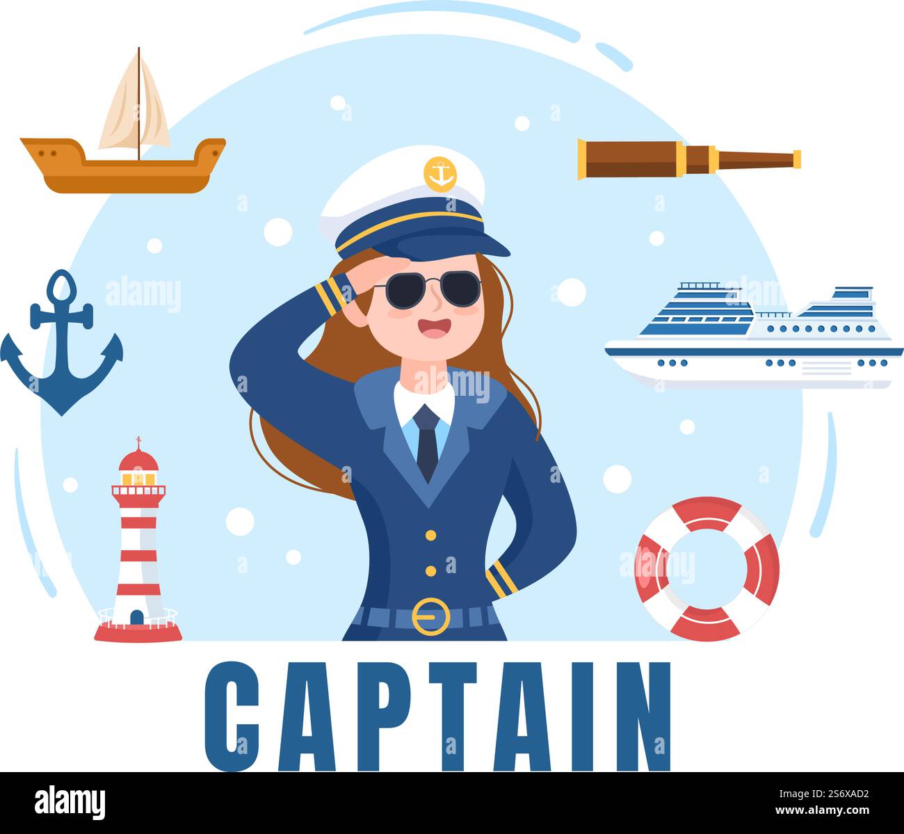 Woman Cruise Ship Captain Cartoon Illustration in Sailor Uniform Riding ...
