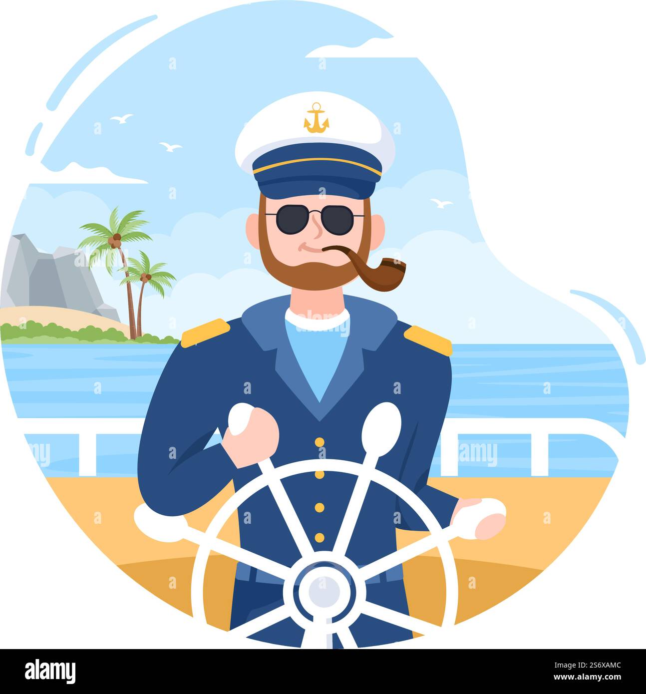 Man Cruise Ship Captain Cartoon Illustration in Sailor Uniform Riding a ...