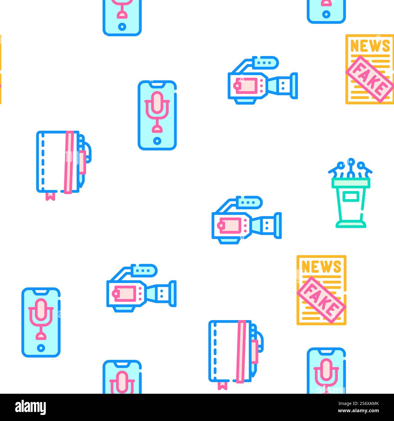 Journalist Accessories Collection Vector Seamless Pattern Color Line ...