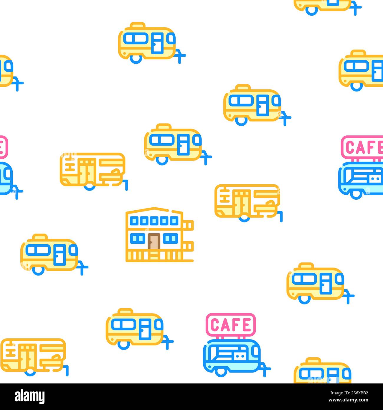 Modular House Trailer Vector Seamless Pattern Color Line Illustration ...