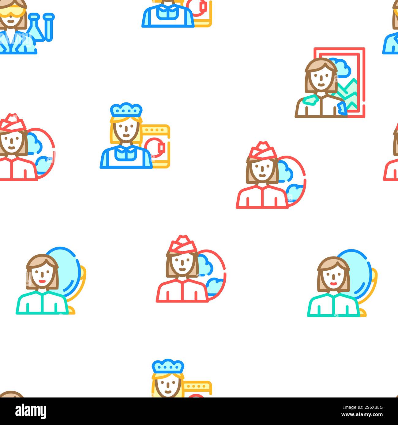 Female Occupation Vector Seamless Pattern Color Line Illustration. Female Occupation Vector ...
