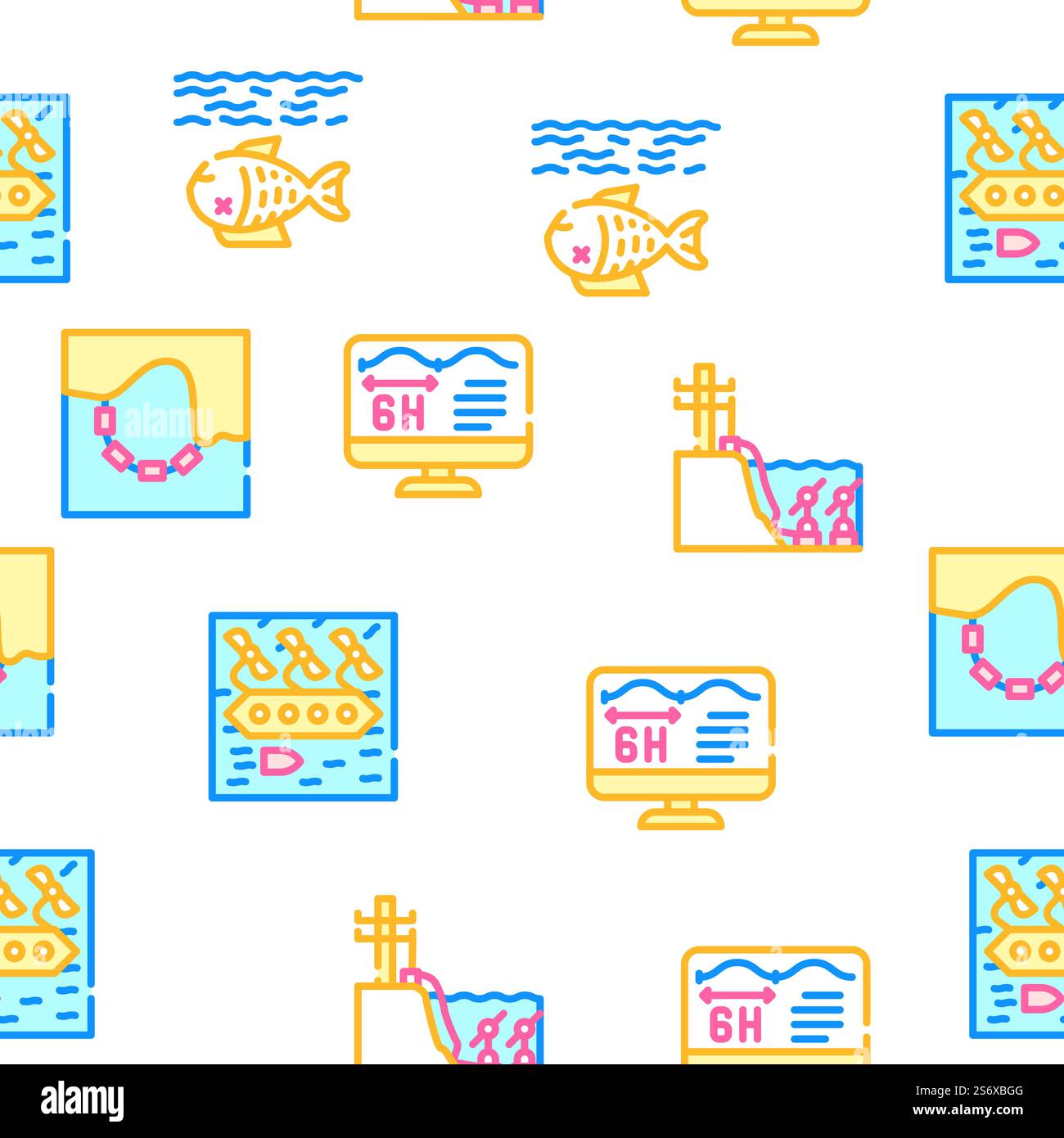 Tidal Power Plant Vector Seamless Pattern Color Line Illustration Tidal Power Plant Vector