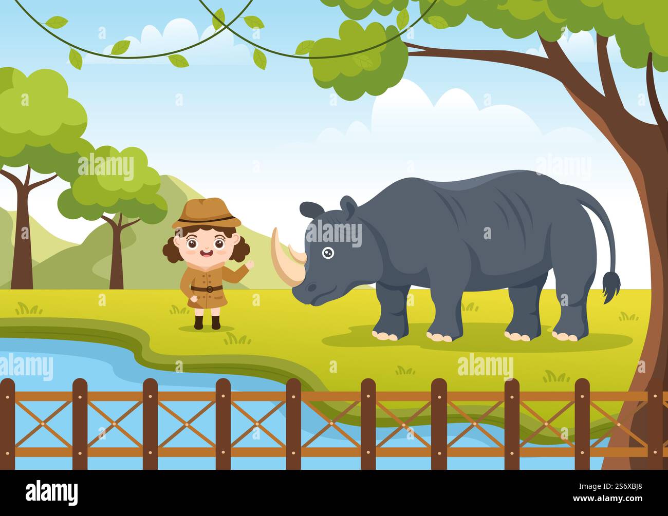 Zoo Cartoon Illustration with Safari Animals Rhinoceros, Cage and ...