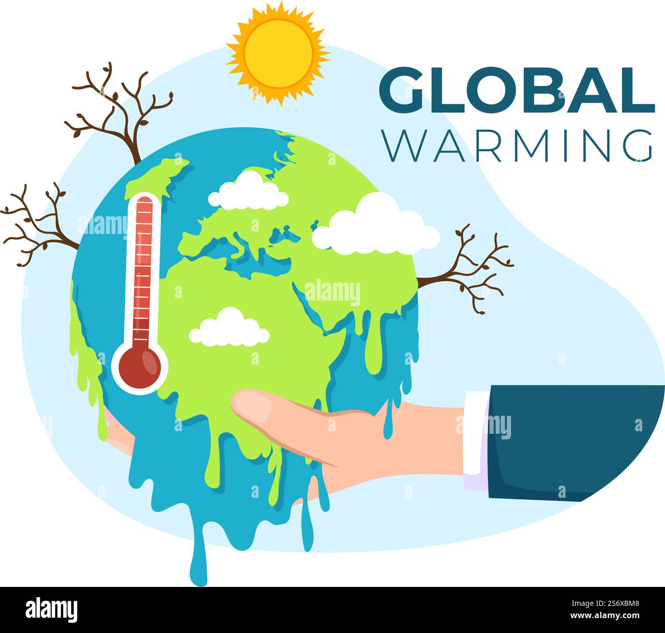 Global Warming Cartoon Style Illustration with Planet Earth in a Melting or Burning State and ...