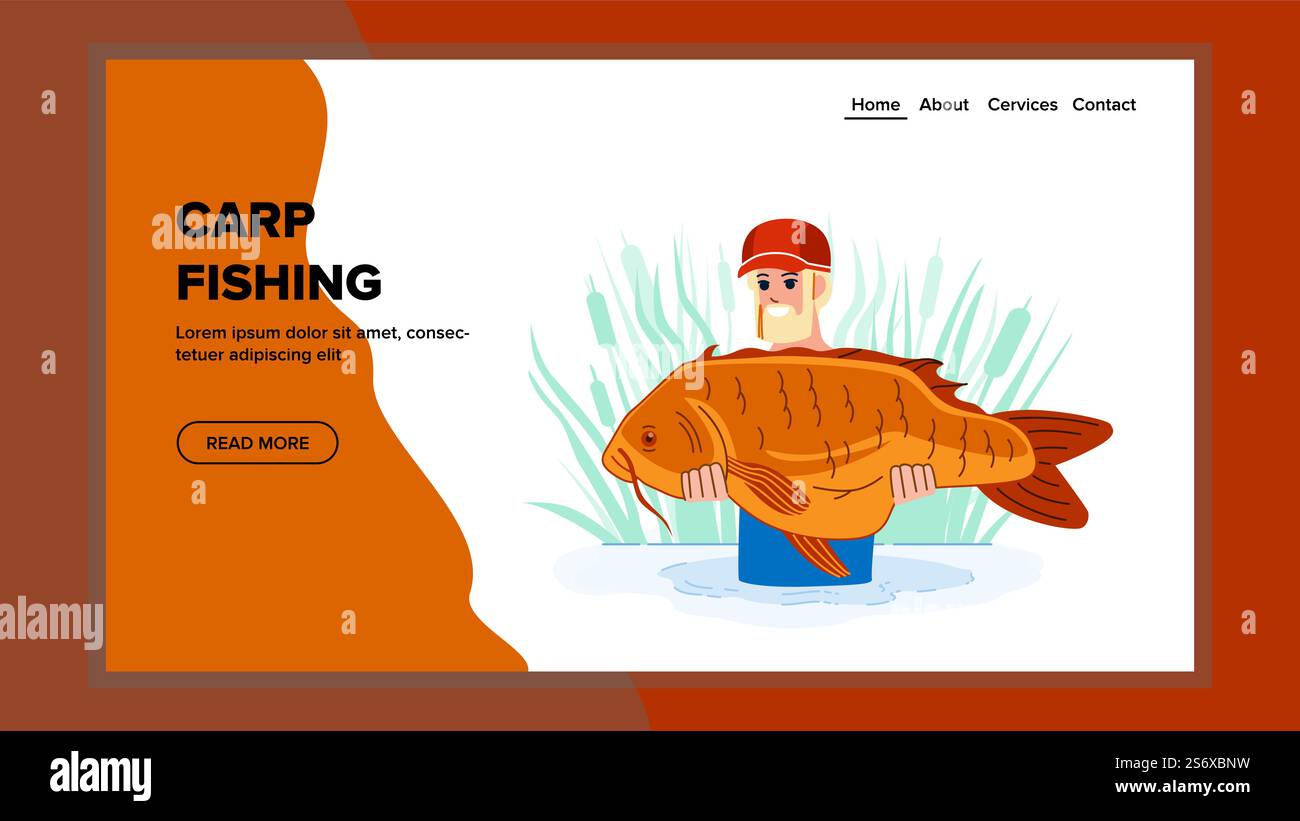 carp fishing vector. lake gear angler, fisherman summer adventure carp ...