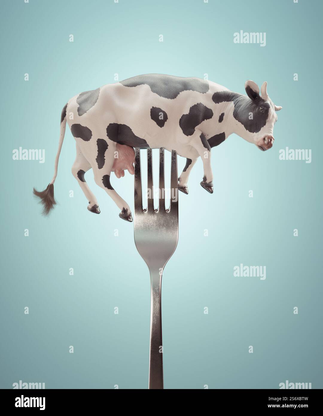 Cow on a fork. Diet and weight loss concept. This is a 3d render ...