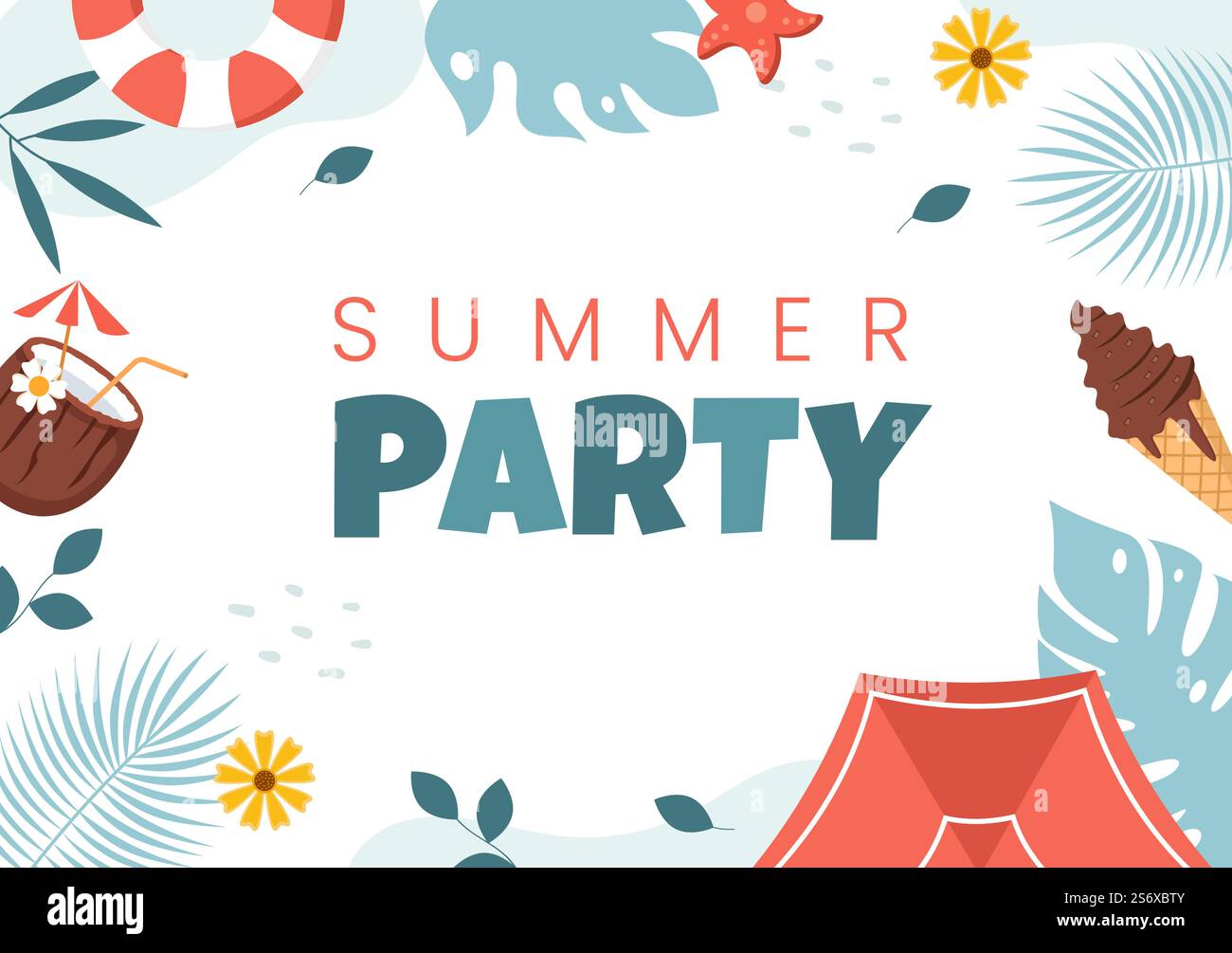 Summer Party Cartoon Background Illustration with Tropical Plants ...