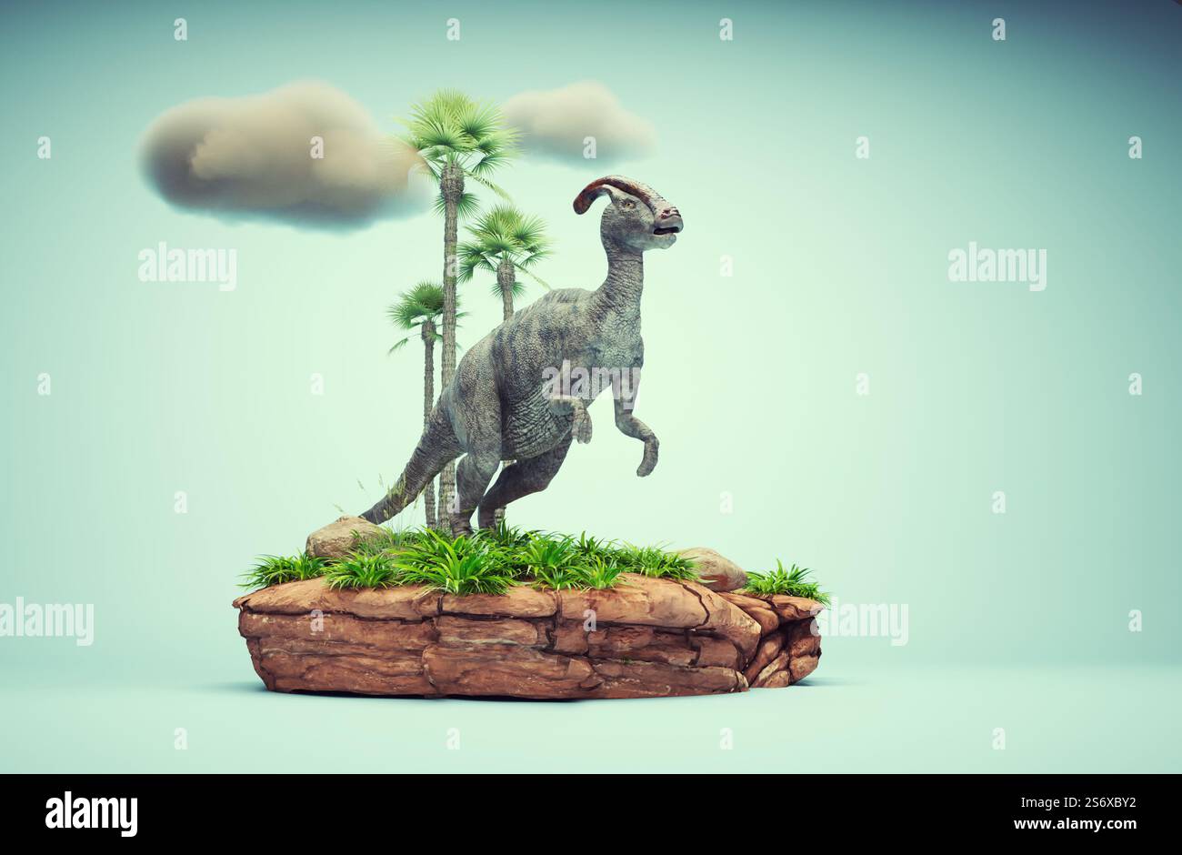 Conceptual presentation scene of a Parasaurolophus. Ornithopod dinosaur from the late cretaceous ...