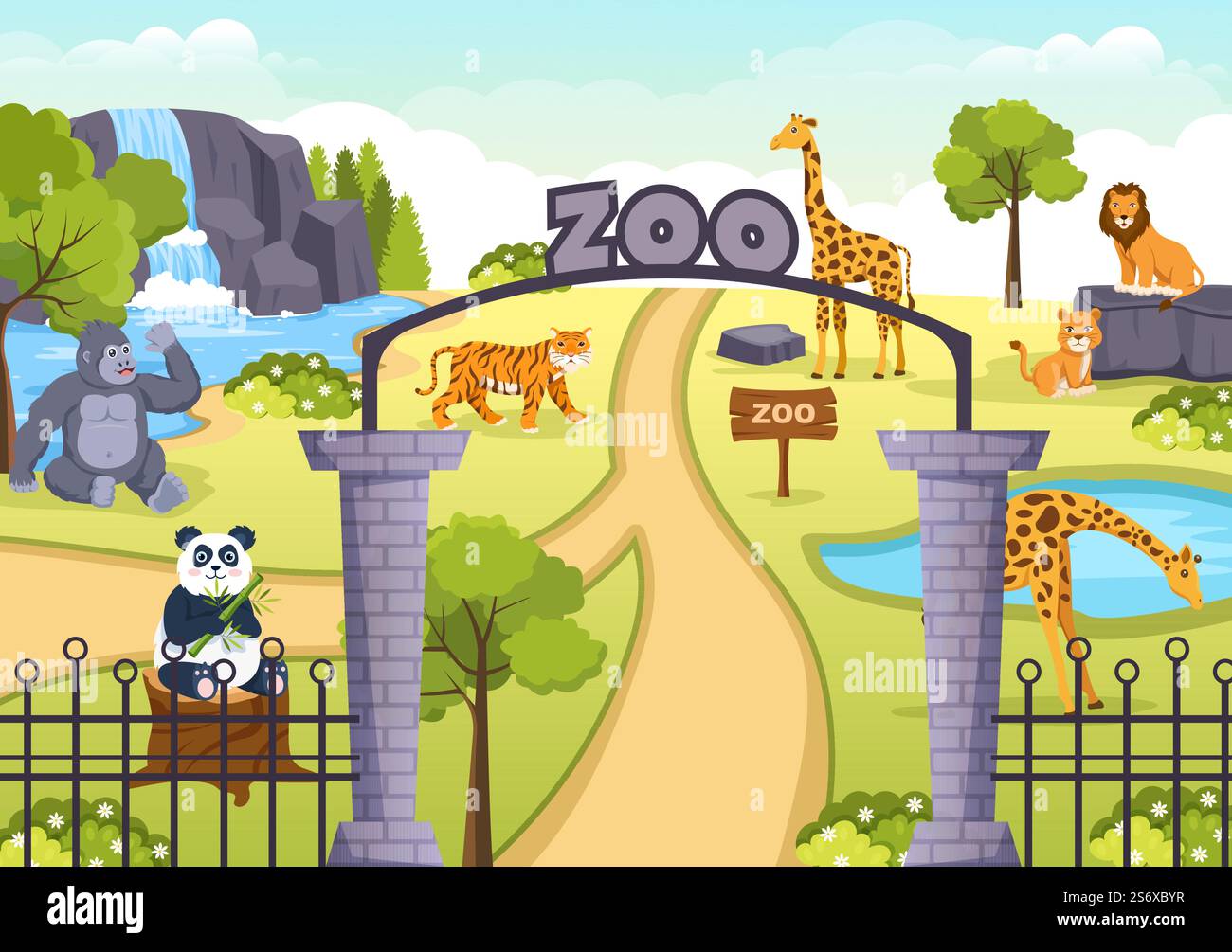 Zoo Cartoon Illustration with Safari Animals Elephant, Giraffe, Lion ...