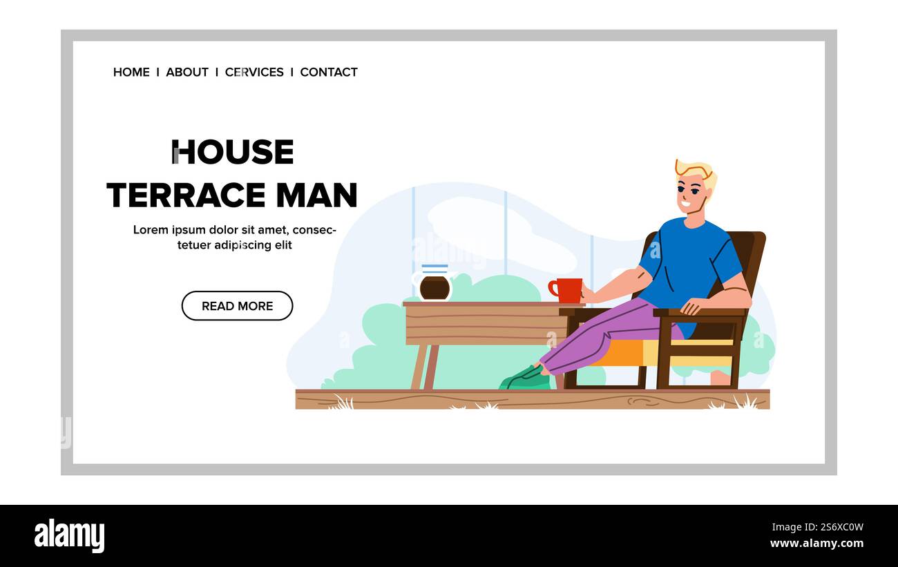 house terrace man vector. happy patio, nature view, dinner relax house ...