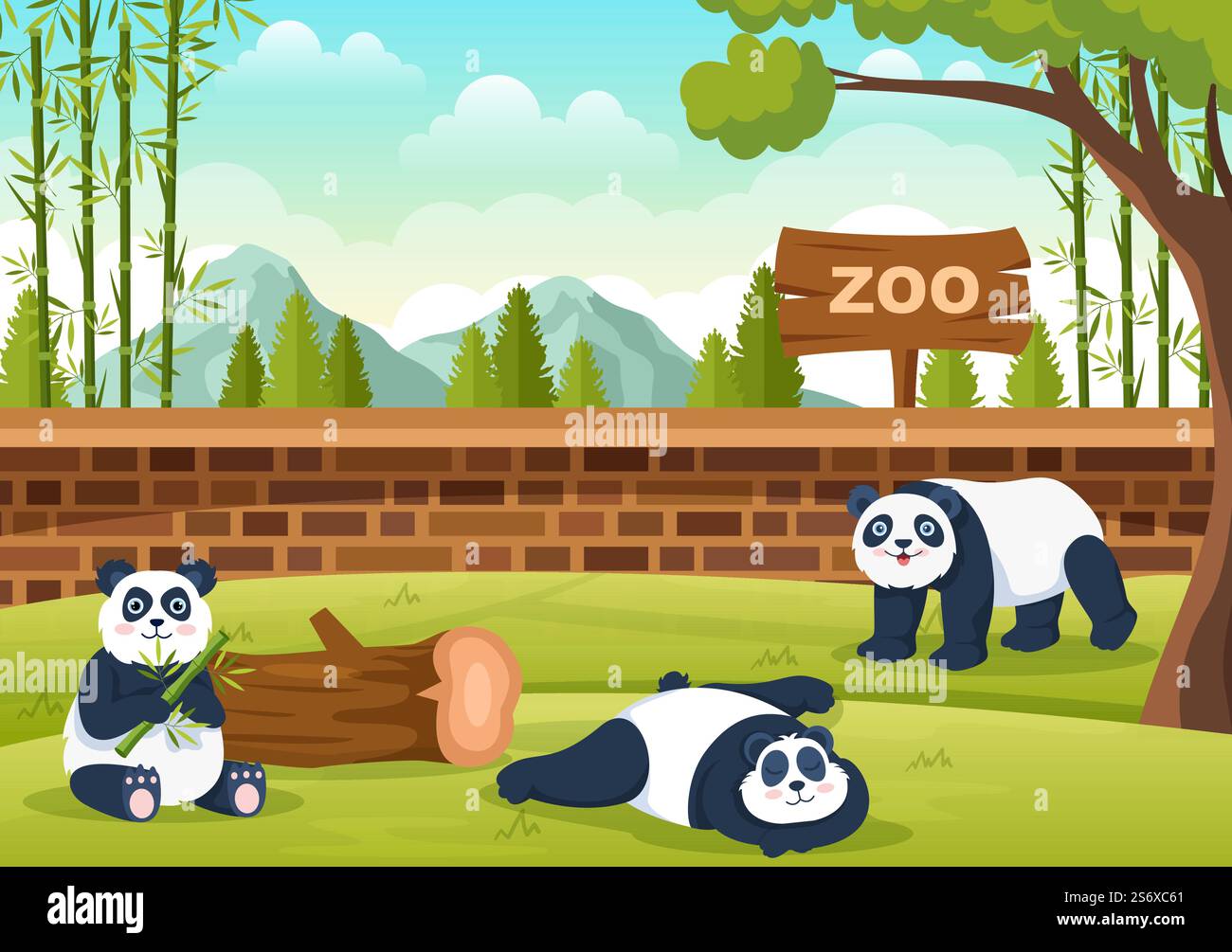 Zoo Cartoon Illustration with Safari Animals Panda, Cage and Visitors ...