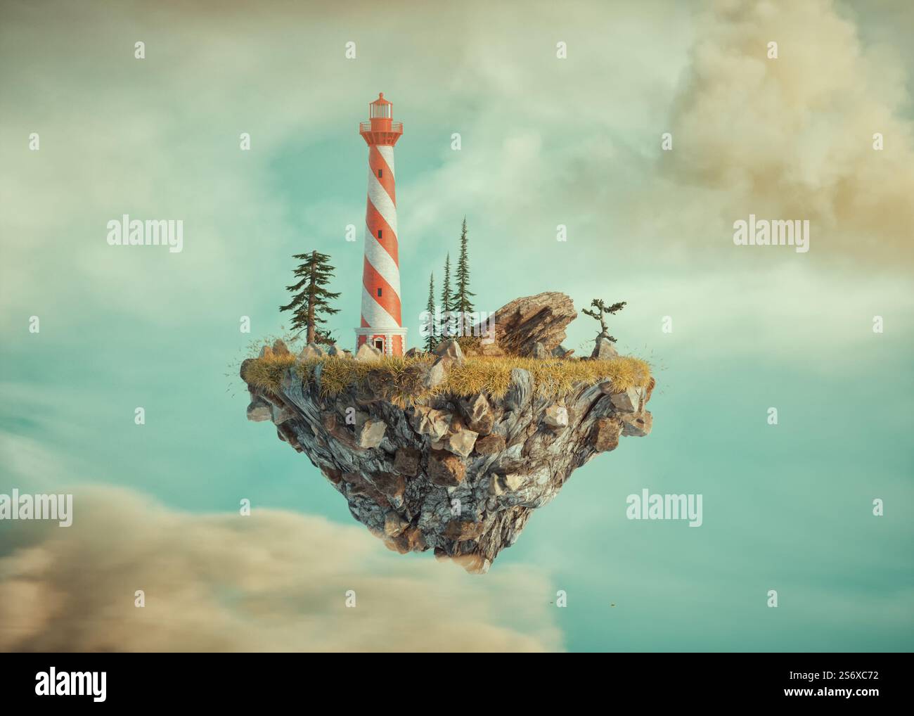 Floating island with a lighthouse. This is a 3d render illustration ...