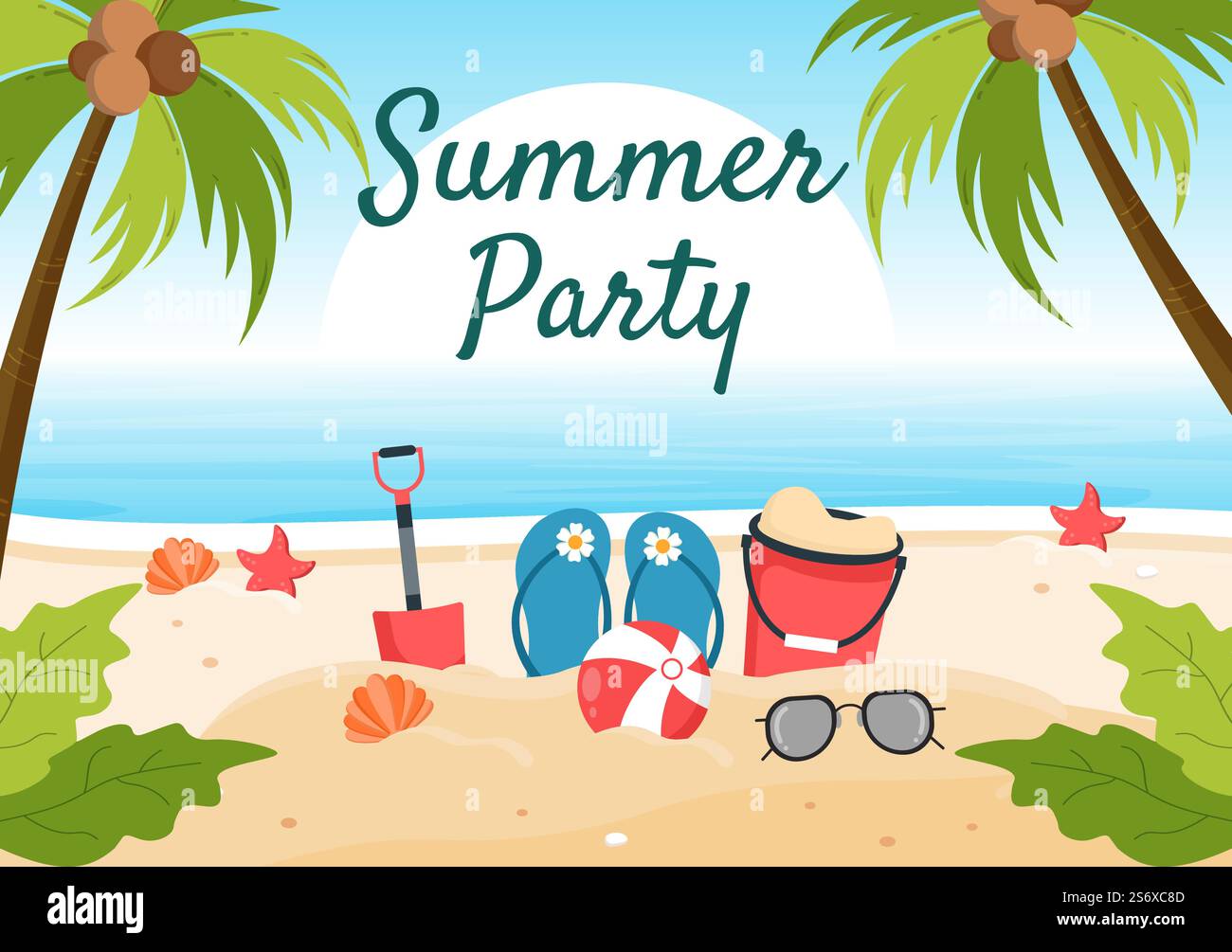 Summer Party Cartoon Background Illustration with Tropical Plants ...