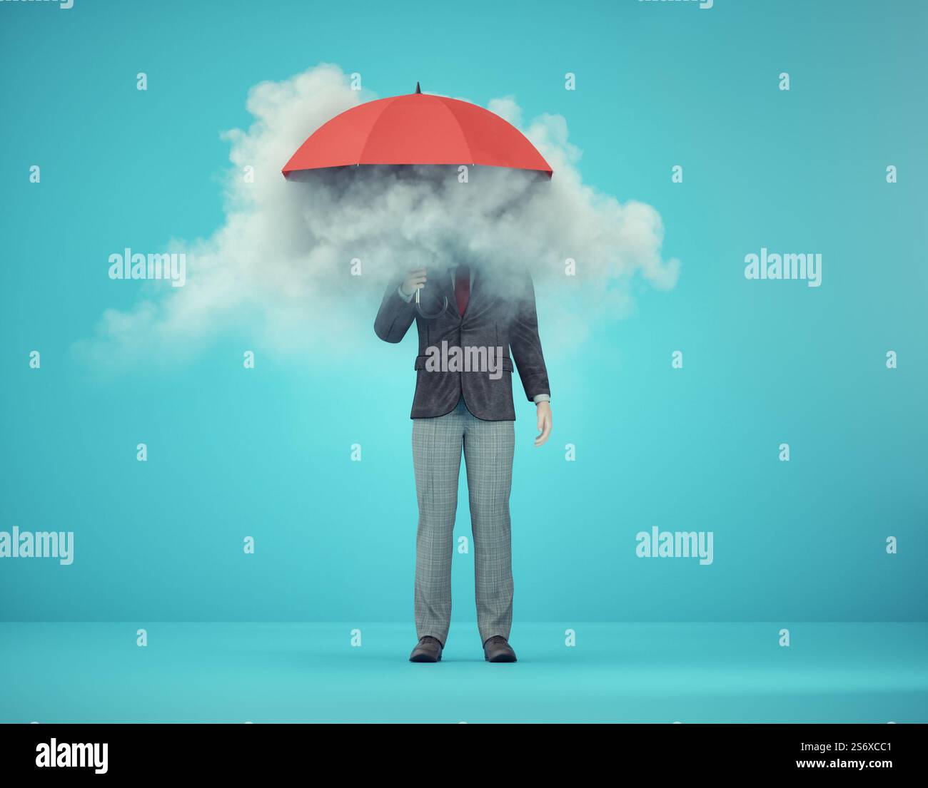 Man holding an umbrella with a cloud inside. Useless and fail concept ...