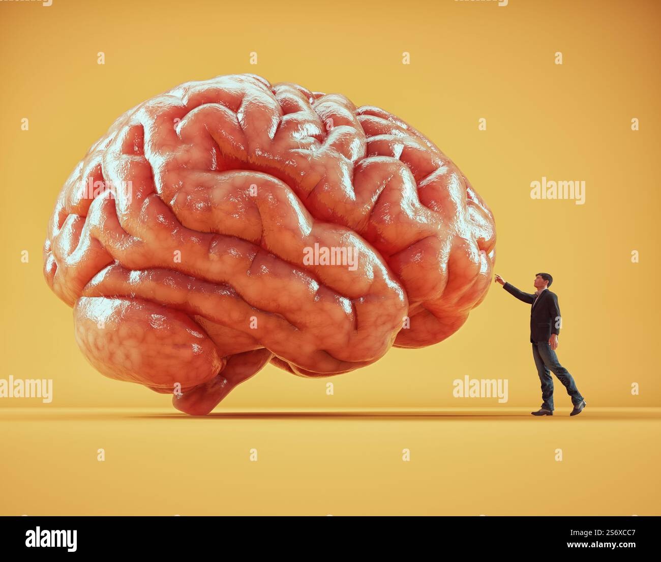 Man touching a huge human brain. Mental capacity, cognitive processing ...