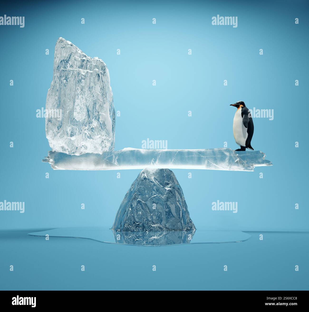 Surreal image with a penguin and a melted glacier in the balance ...